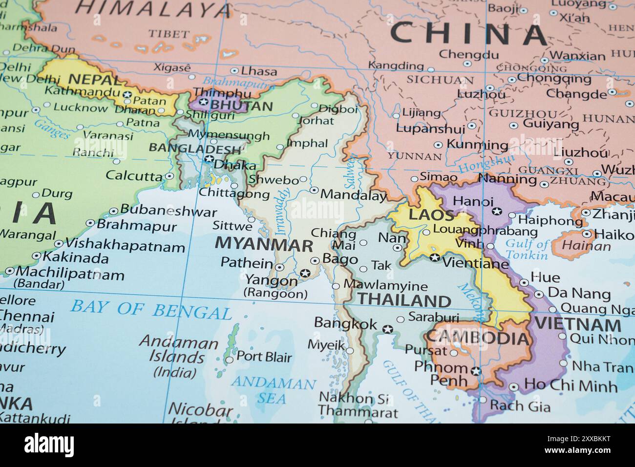 Close up to Myanmar political map with country frontiers and most ...