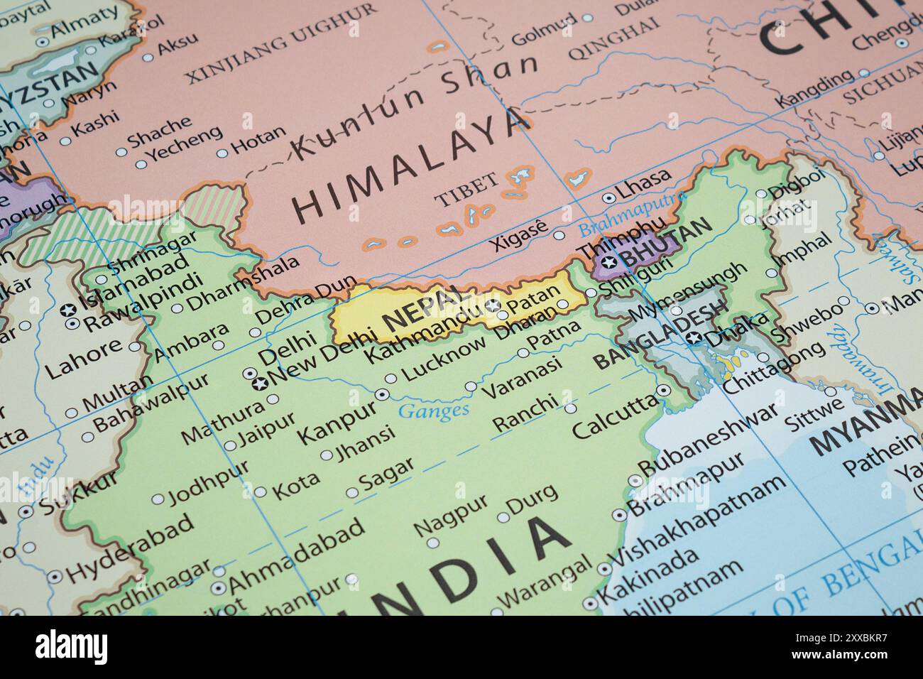 Close up to Nepal political map with country frontiers and most ...