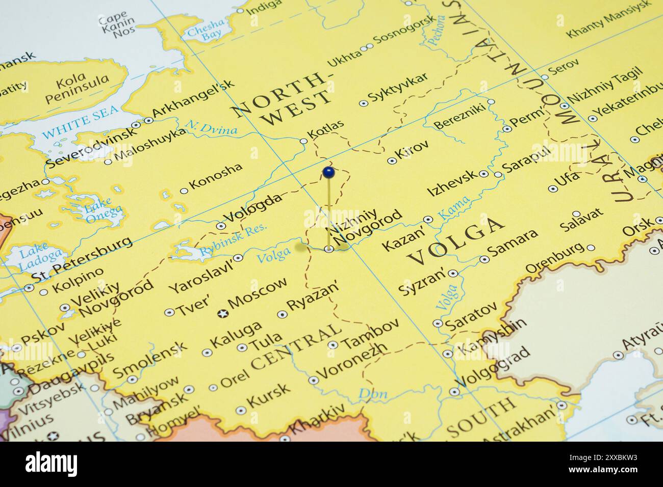 Close up to a Nizhny Novgorod city with a blue pin needle into Russia ...