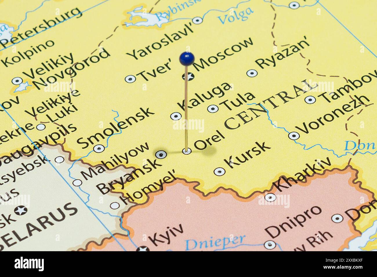 Close up to a Oryol city with a blue pin needle into Russia country ...