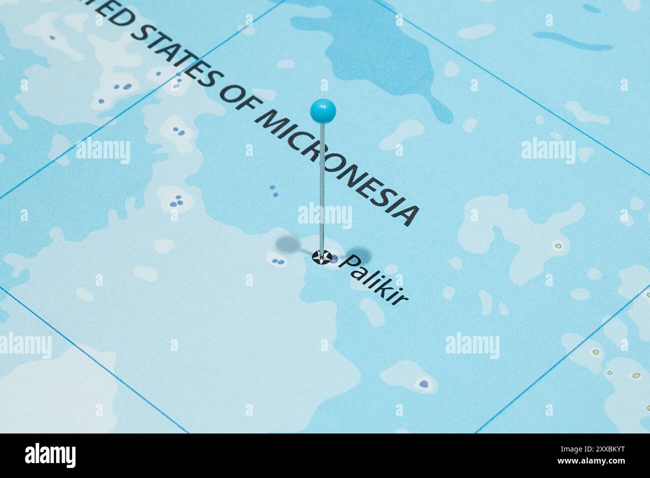 Close up to a Palikir city with a light blue pin needle into Federated ...