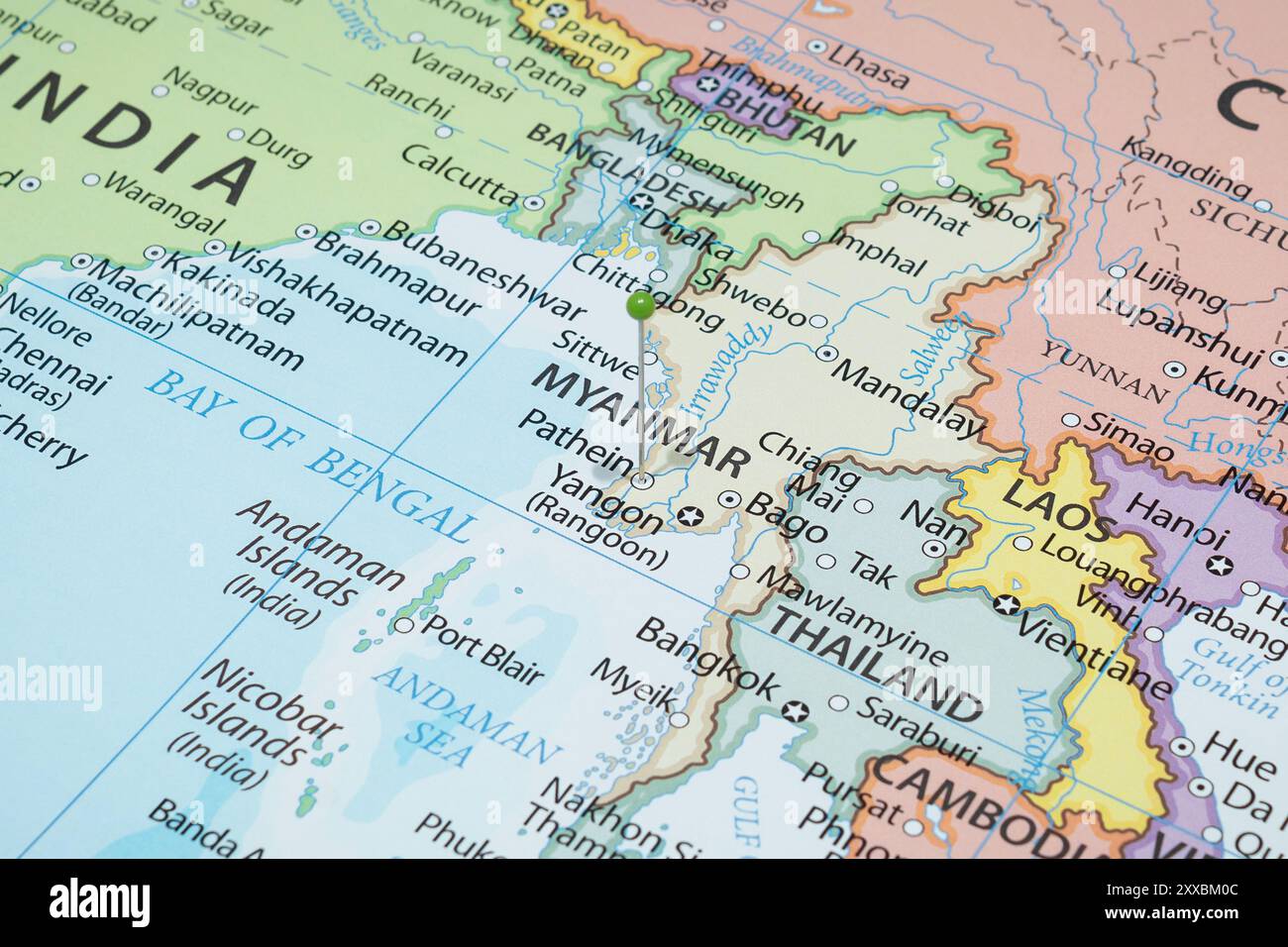 Close up to a Pathein city with a green pin needle into Myanmar country political map Stock ...