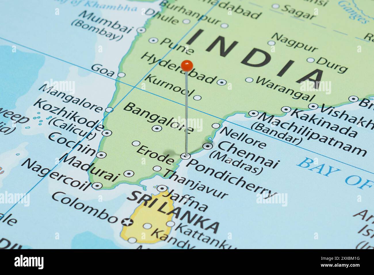 Close up to a Pondicherry city with an orange pin needle into India ...