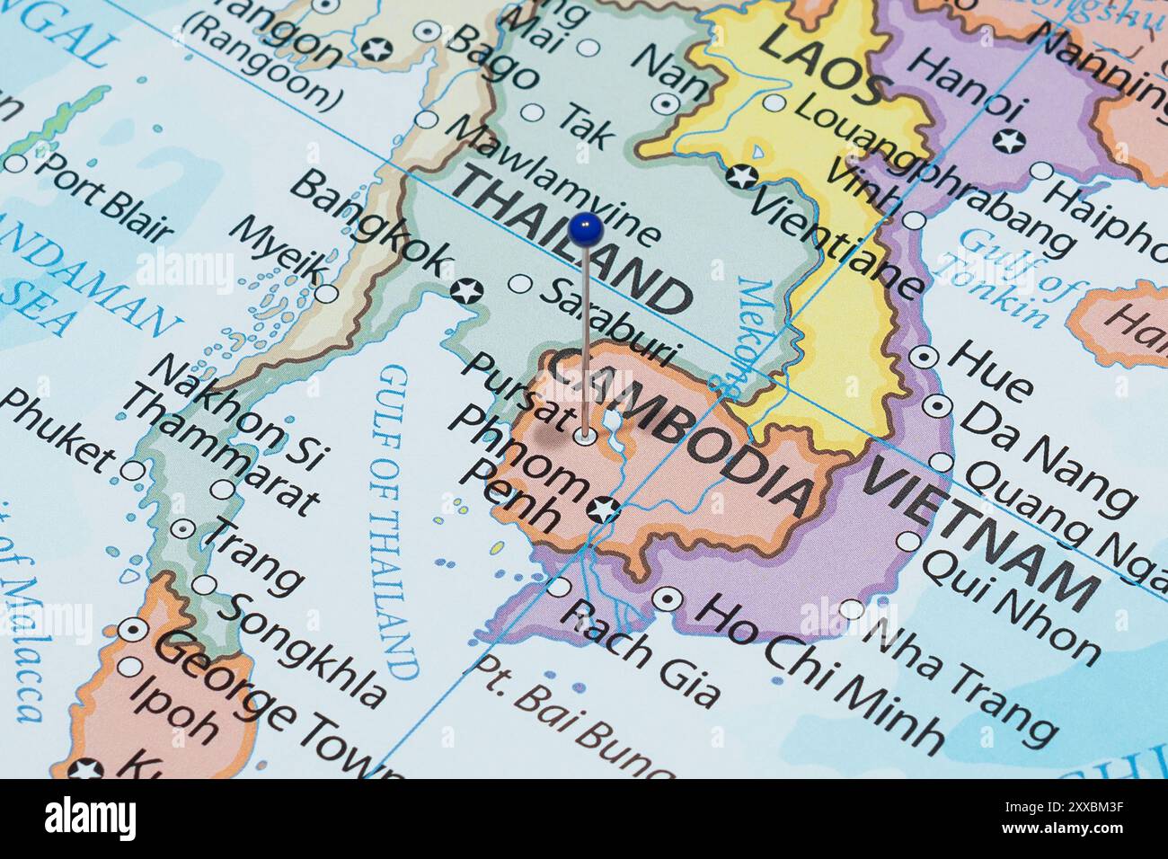 Close up to a Pursat city with a blue pin needle into Cambodia country ...