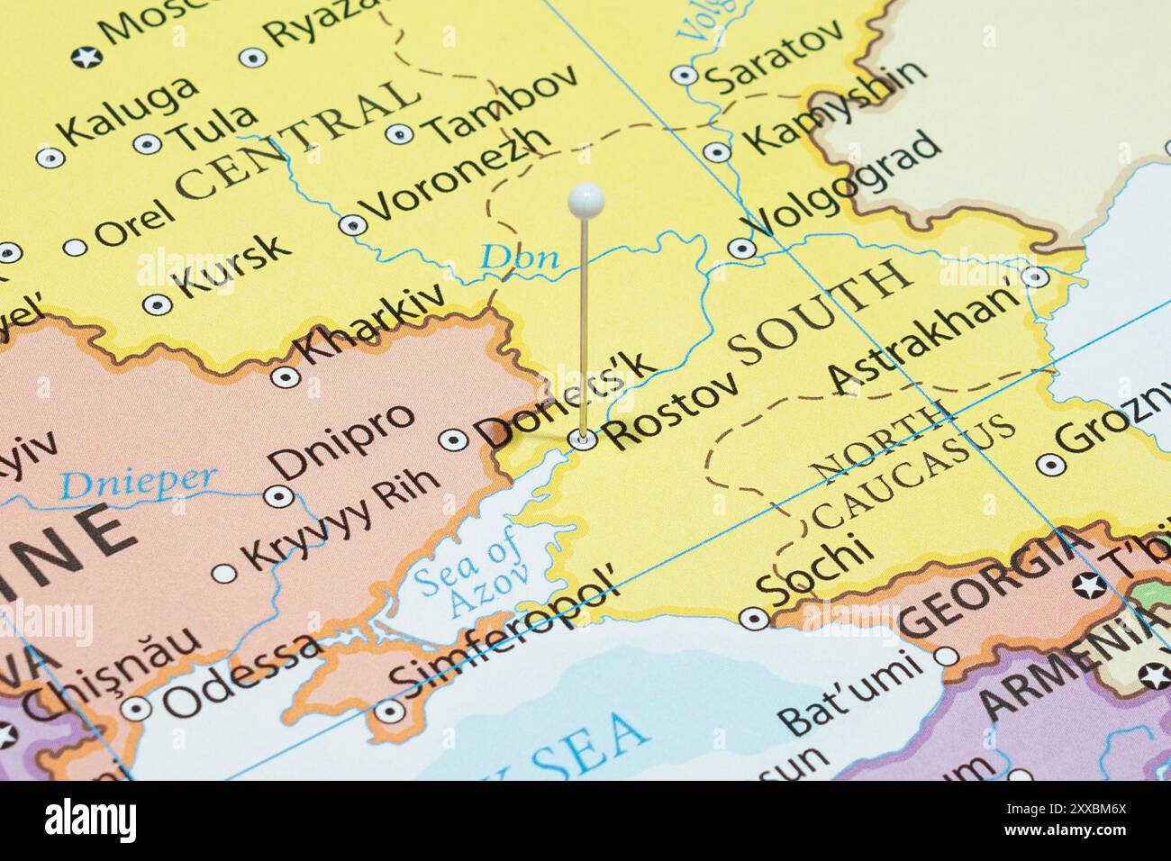 Close up to a Rostov city with a white pin needle into Russia country ...