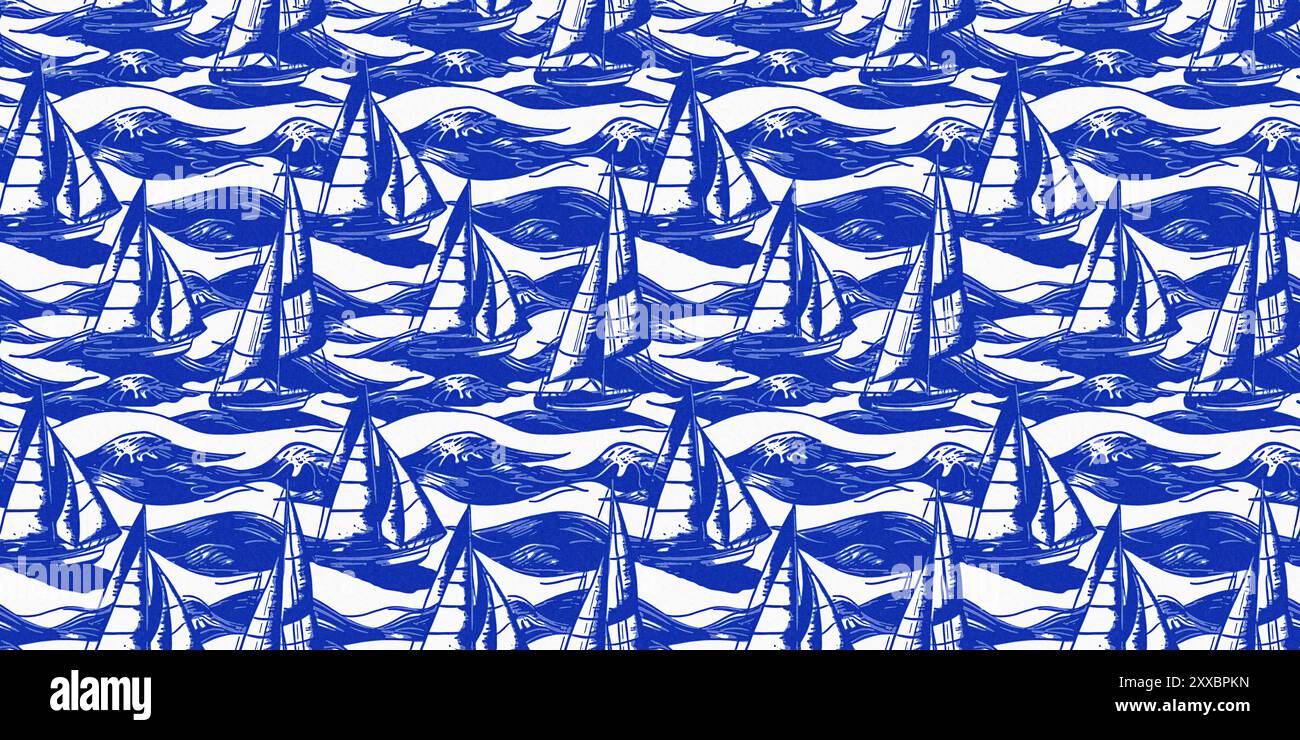 Coastal sail boat in azure ocean blue seamless border background ...