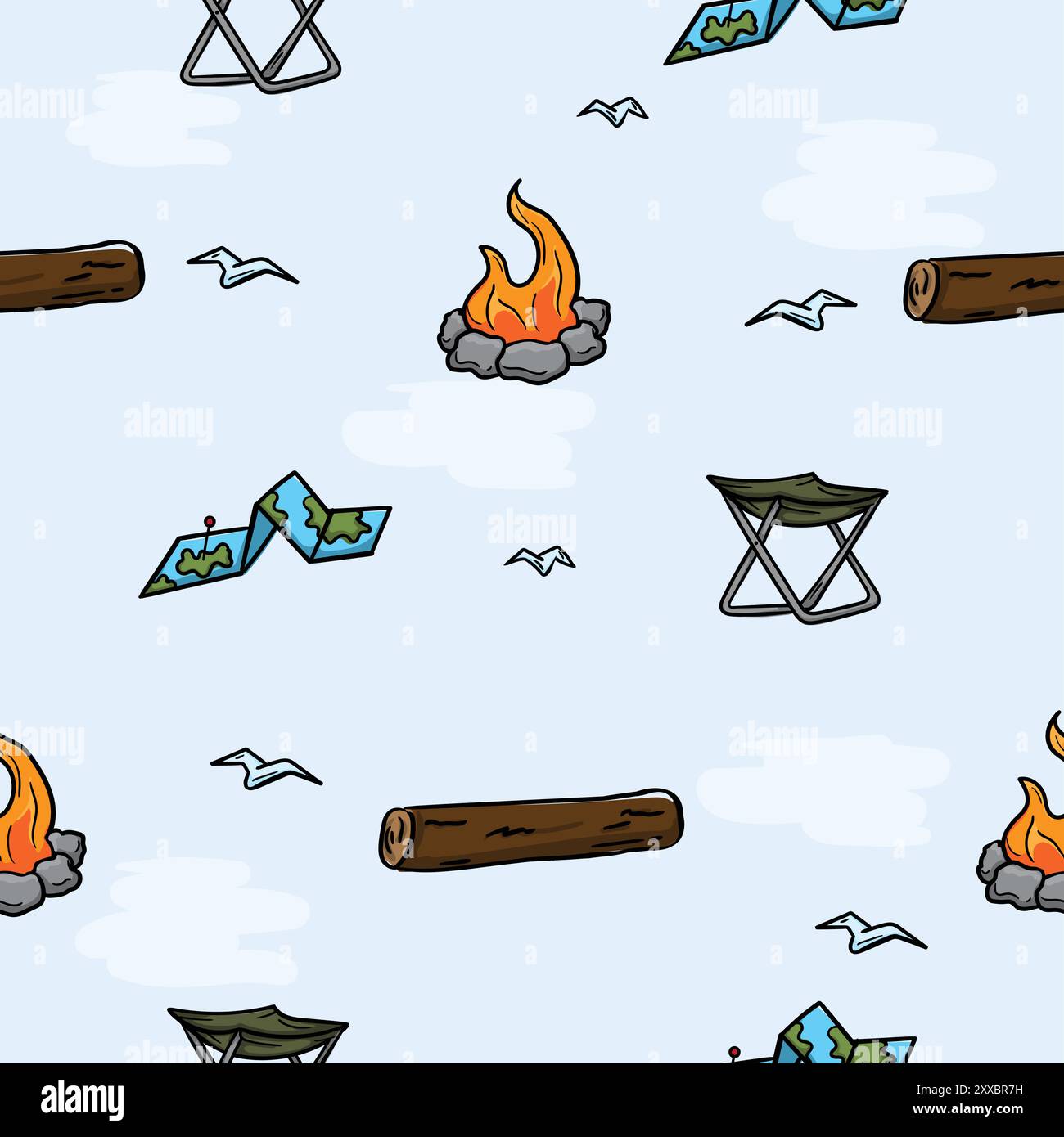 Seamless pattern with bonfire, folding stool, map log. Illustration ...