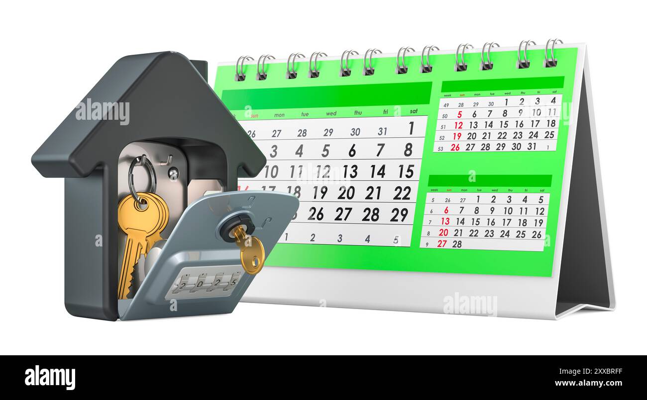 Desk calendar with security lock box for storage and transfer of keys ...