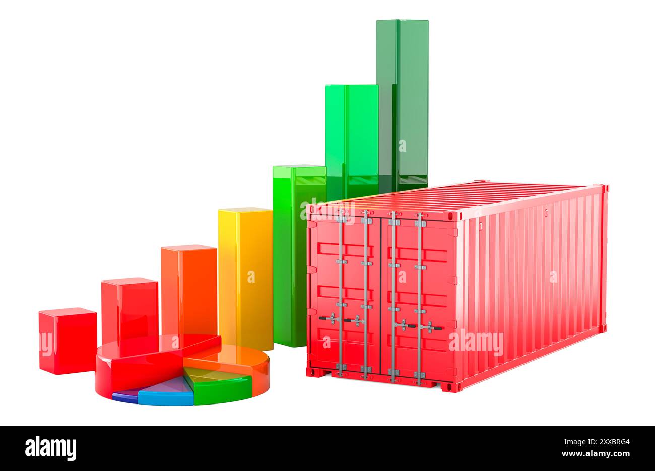 Cargo Container with growth bar graph and pie chart. 3D rendering ...