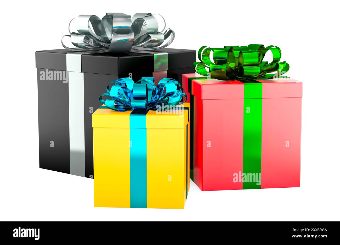Colored Gift Boxes with bows and ribbons, 3D rendering isolated on ...