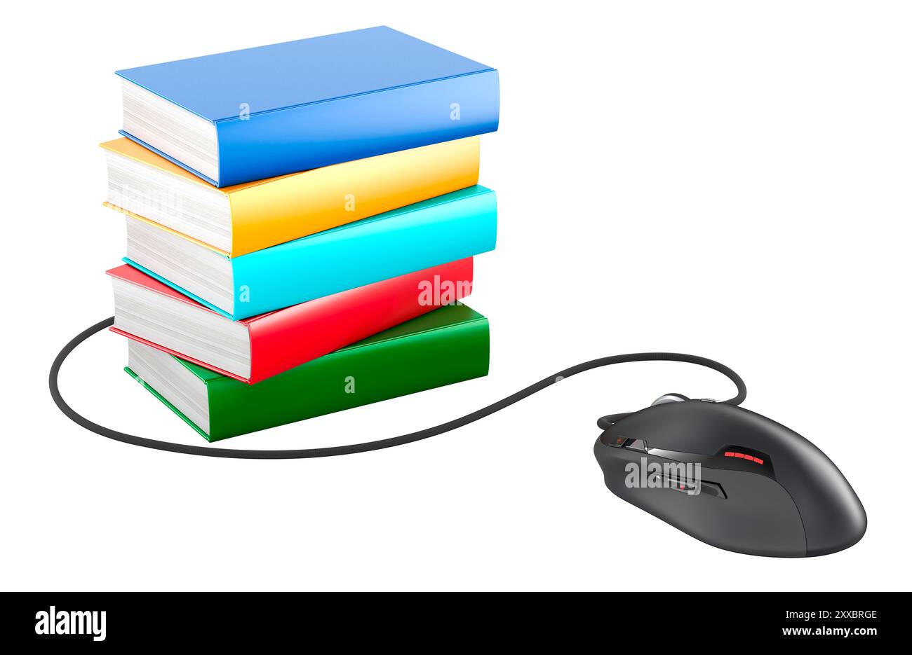 Stack of books with computer mouse. E-learning, concept. 3D rendering isolated on white ...