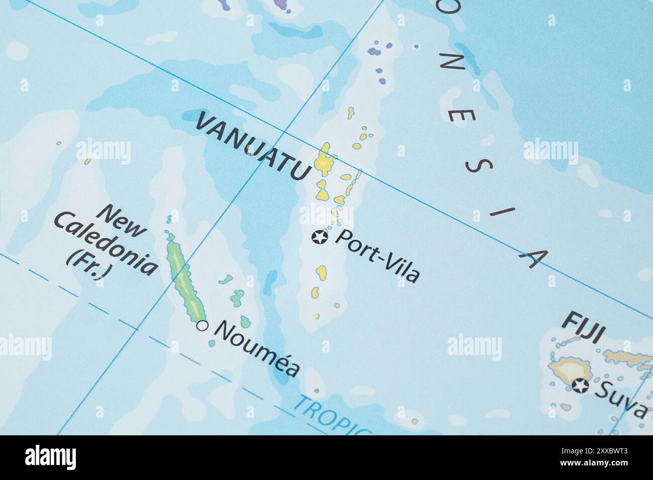 Close up to a Vanuatu political map with country frontiers and most ...
