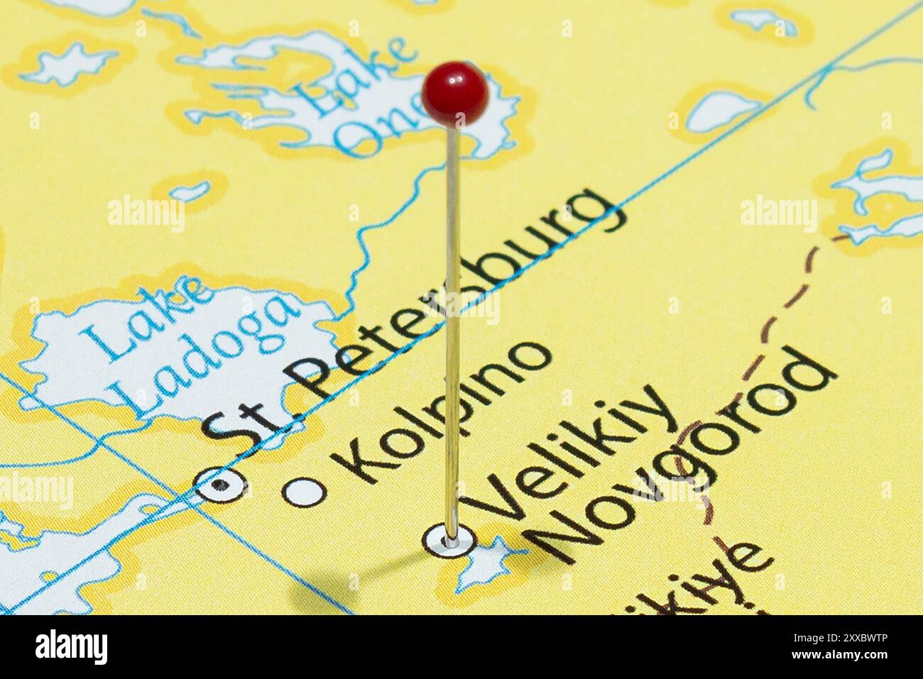 Close up to a Veliky Novgorod city with a red pin needle into Russia ...