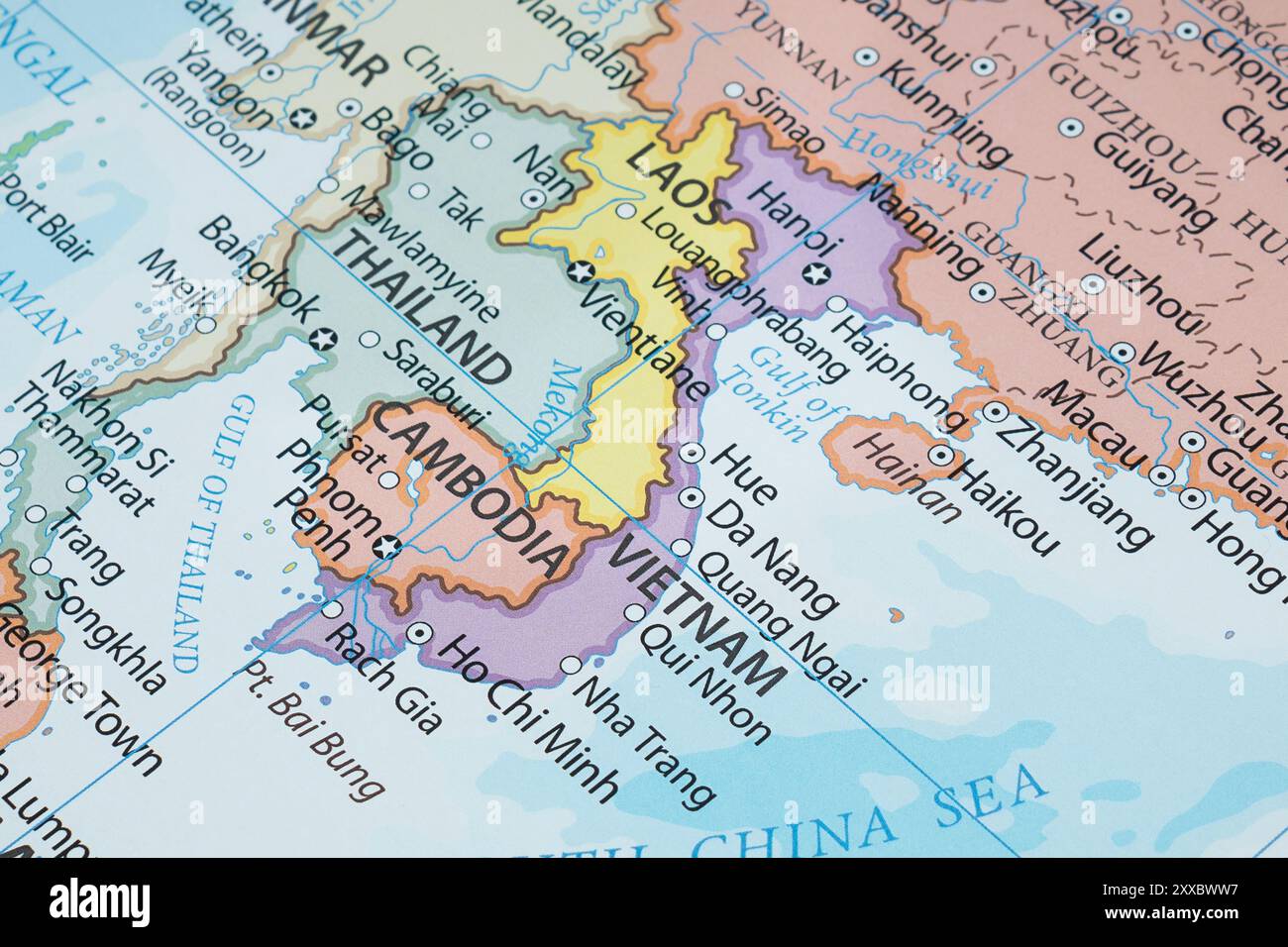 Close up to a Vietnam political map with country frontiers and most ...