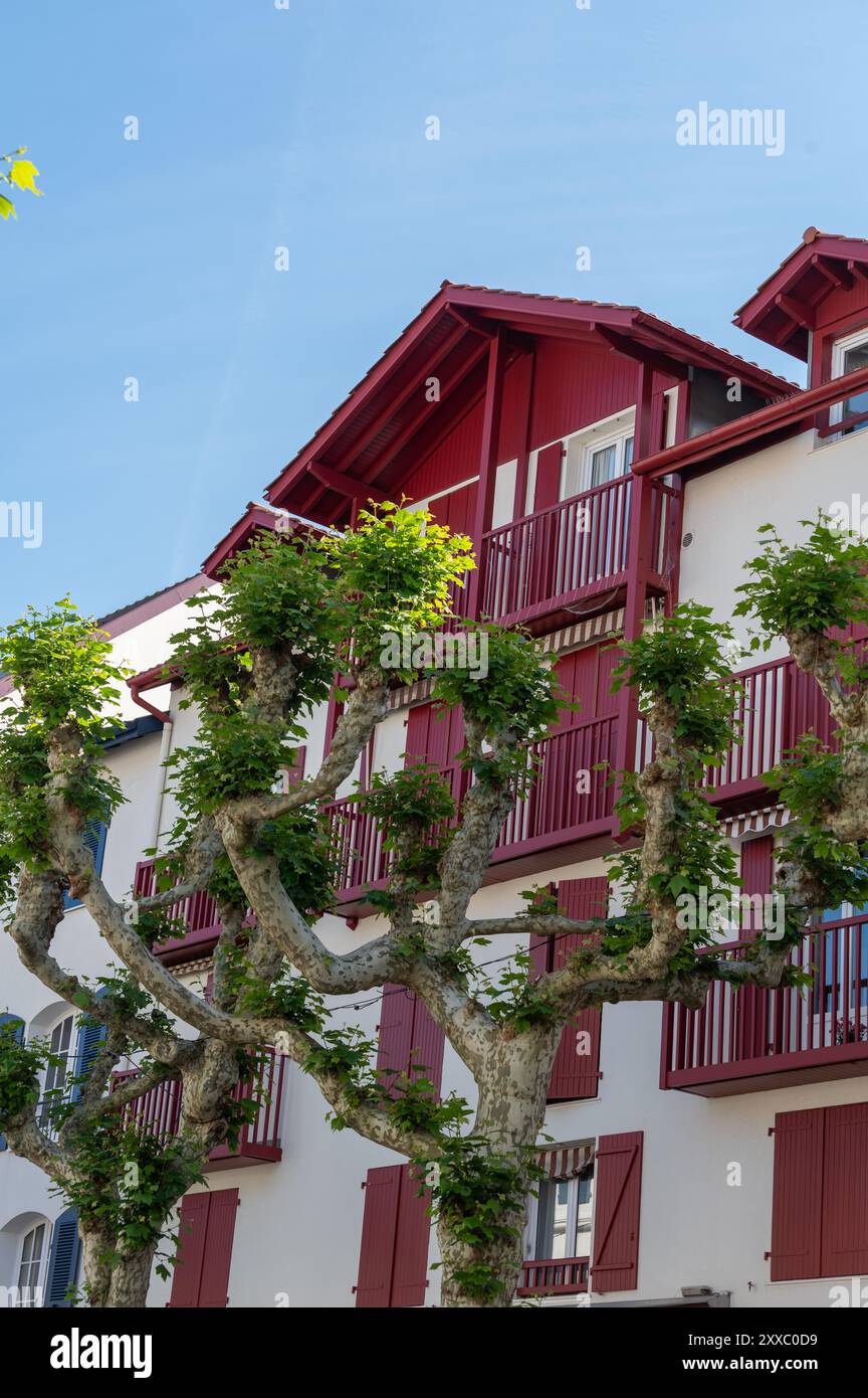 White houses and villas of old Saint Jean de Luz town on Basque coast, famous resort, known for ...