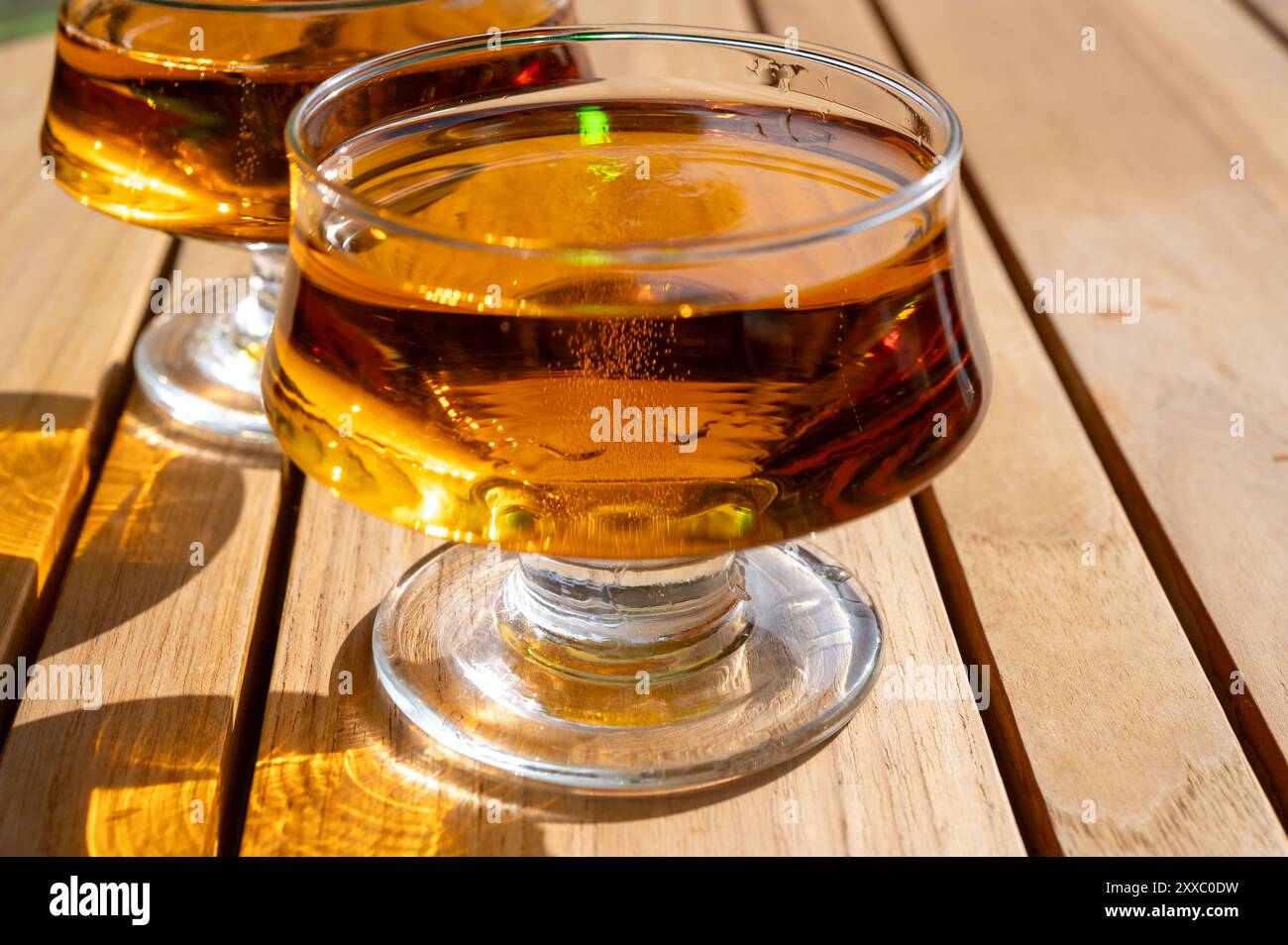 Tasting of french apple cider brut in glass made from new harvest ...