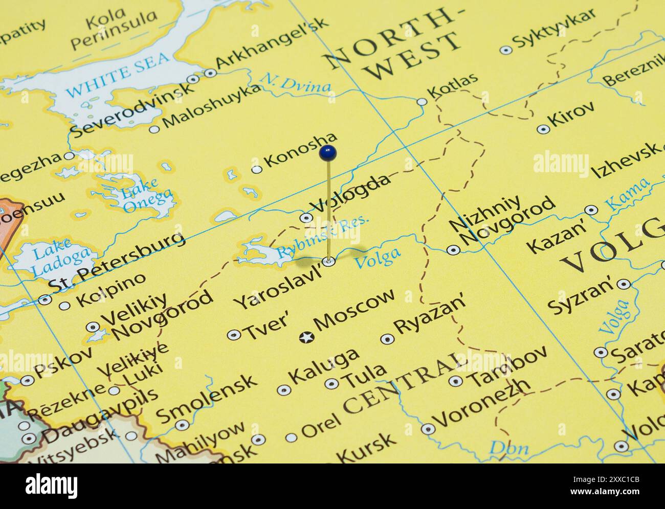 Close up to a Yaroslavl city with a blue pin needle into Russia country ...