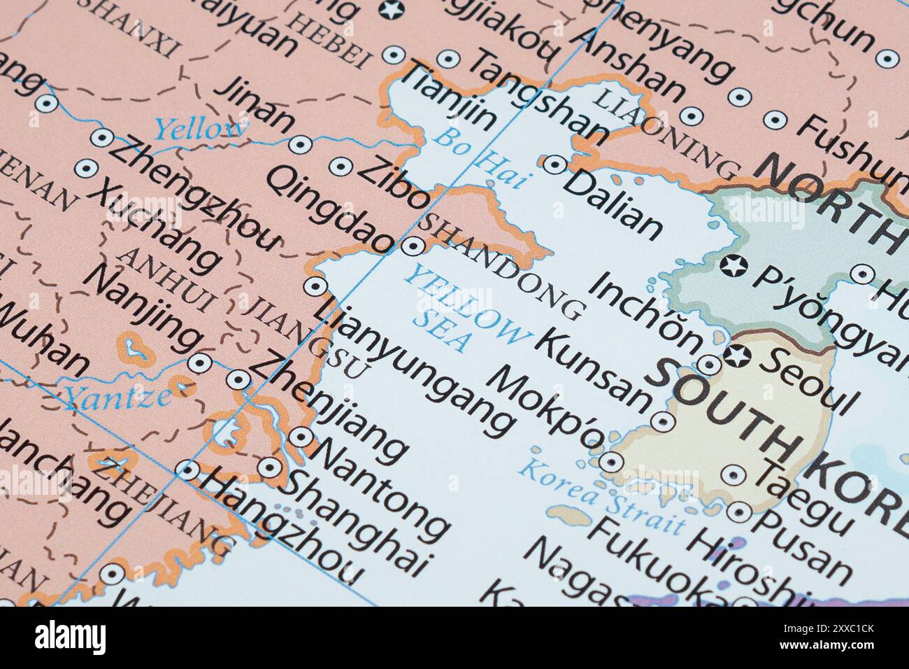 Close up to a Yellow Sea region in East Asia with countries frontiers ...