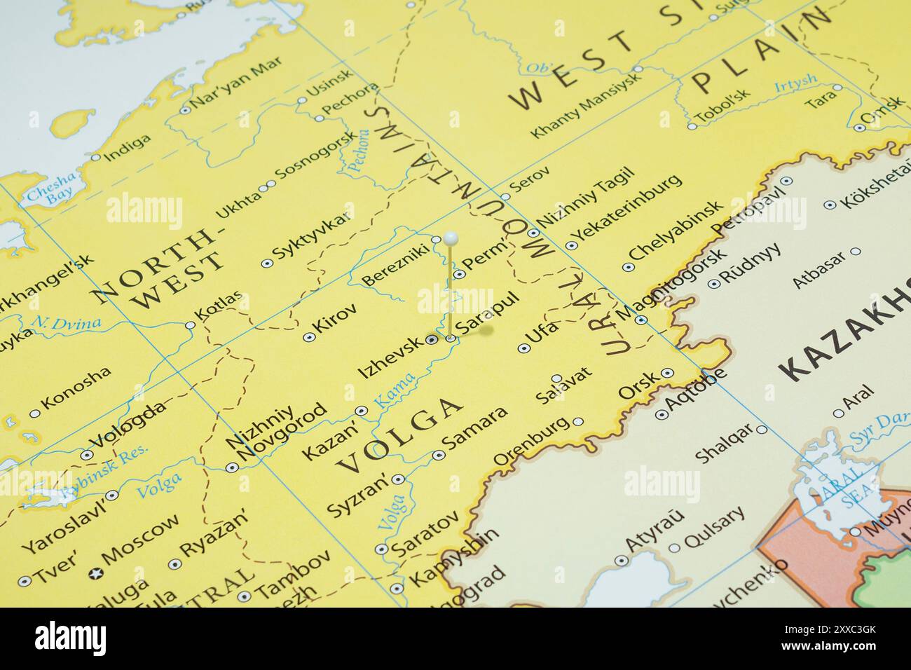 Close up to a Sarapul city with a white pin needle into Russia country ...