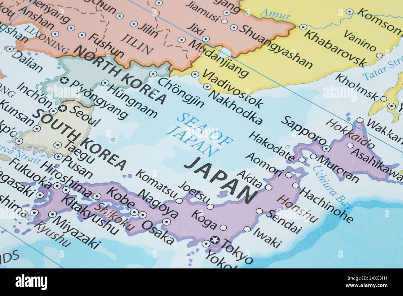 Close up to a Sea of Japan region in asian with countries frontiers and ...