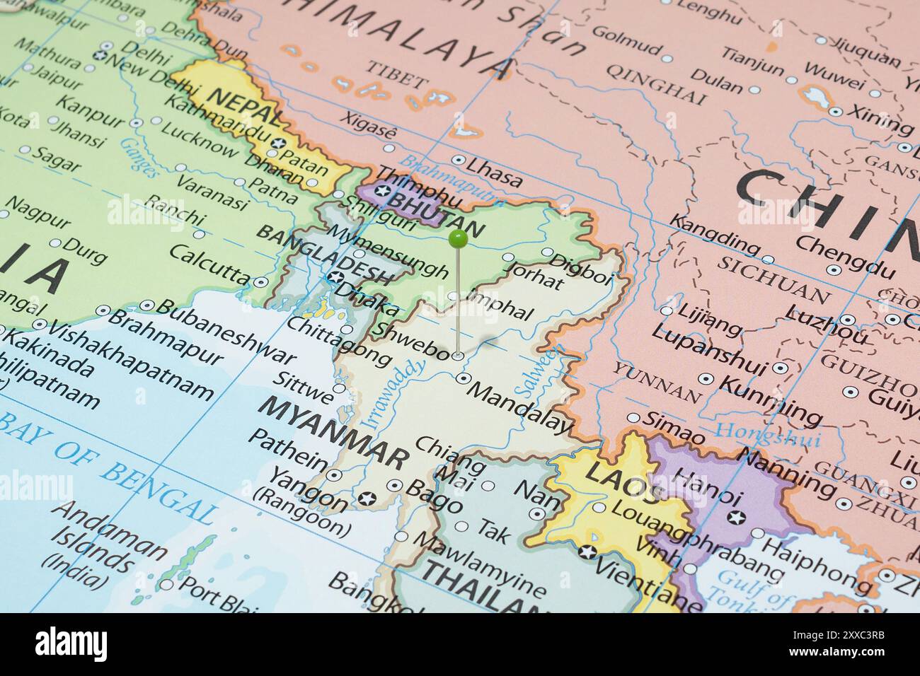 Close up to a Shwebo city with a green pin needle into Myanmar country ...