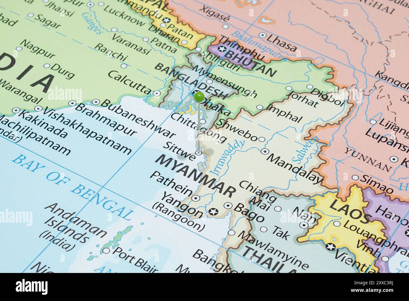 Close up to a Sittwe city with a green pin needle into Myanmar country ...