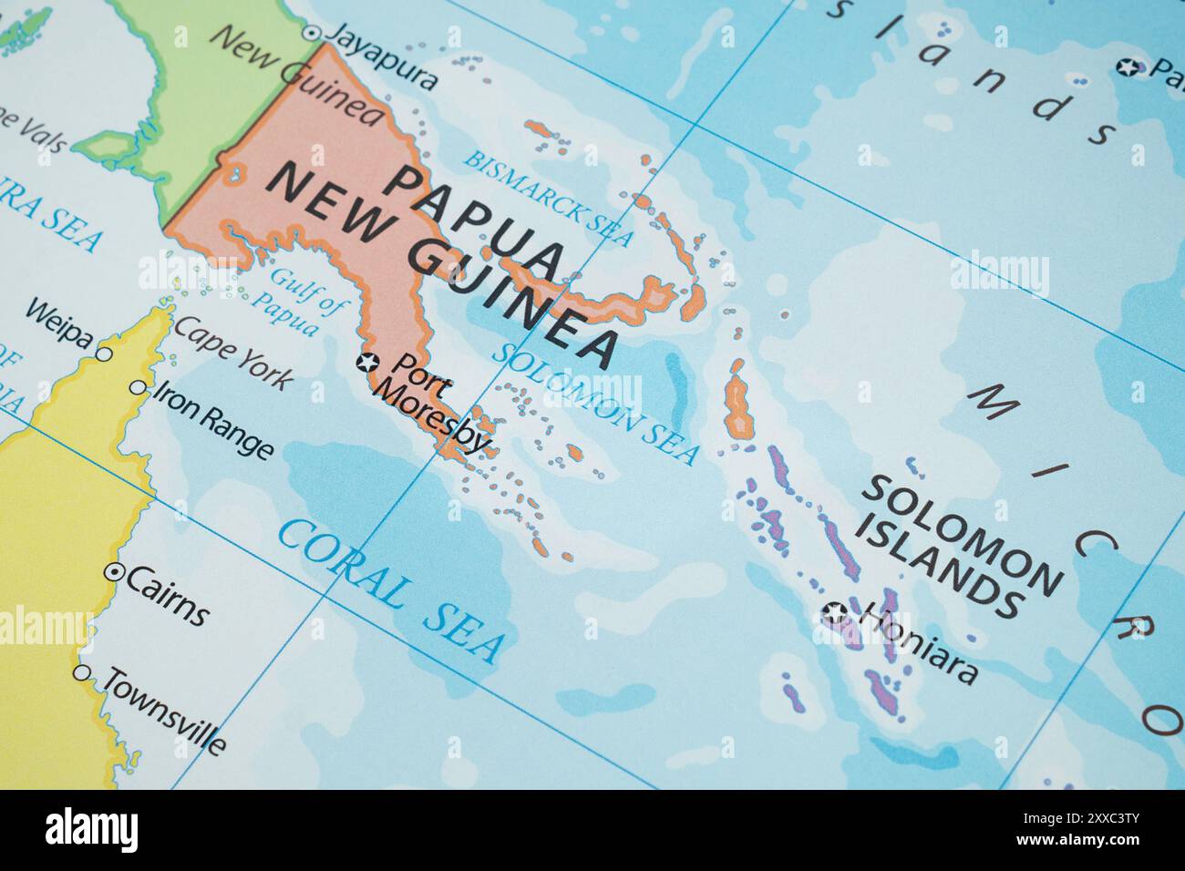 Close up to a Solomon Sea region in Oceania with countries frontiers ...