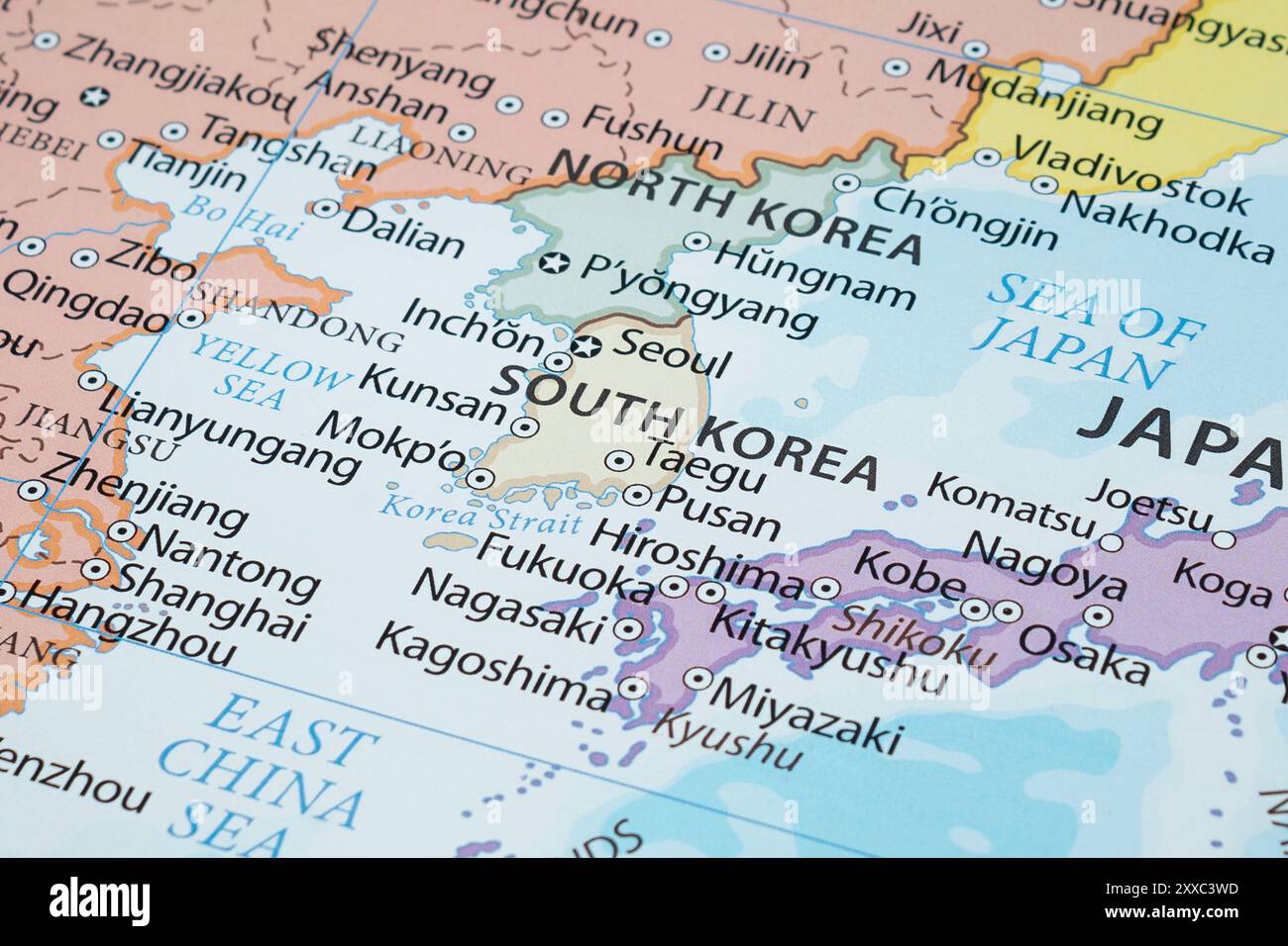 Close up to a South Korea political map with country frontiers and most ...