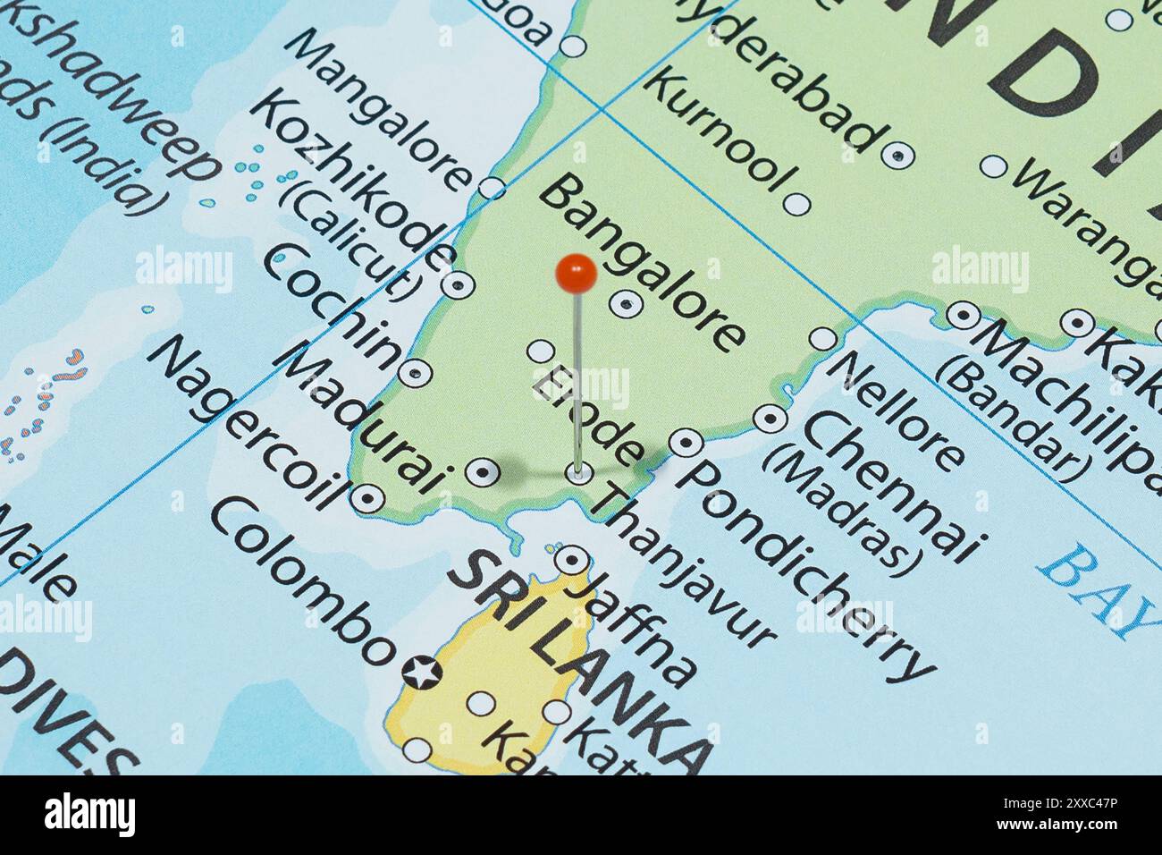 Close up to a Thanjavur city with an orange pin needle into India ...