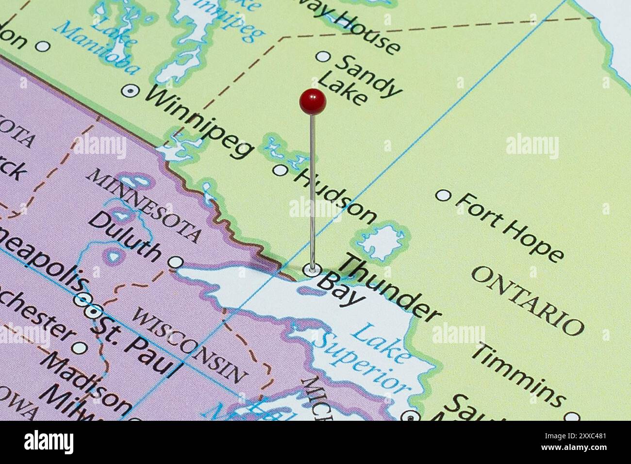 Close up to a Thunder Bay with a red pin needle into Canada country political map Stock Photo ...