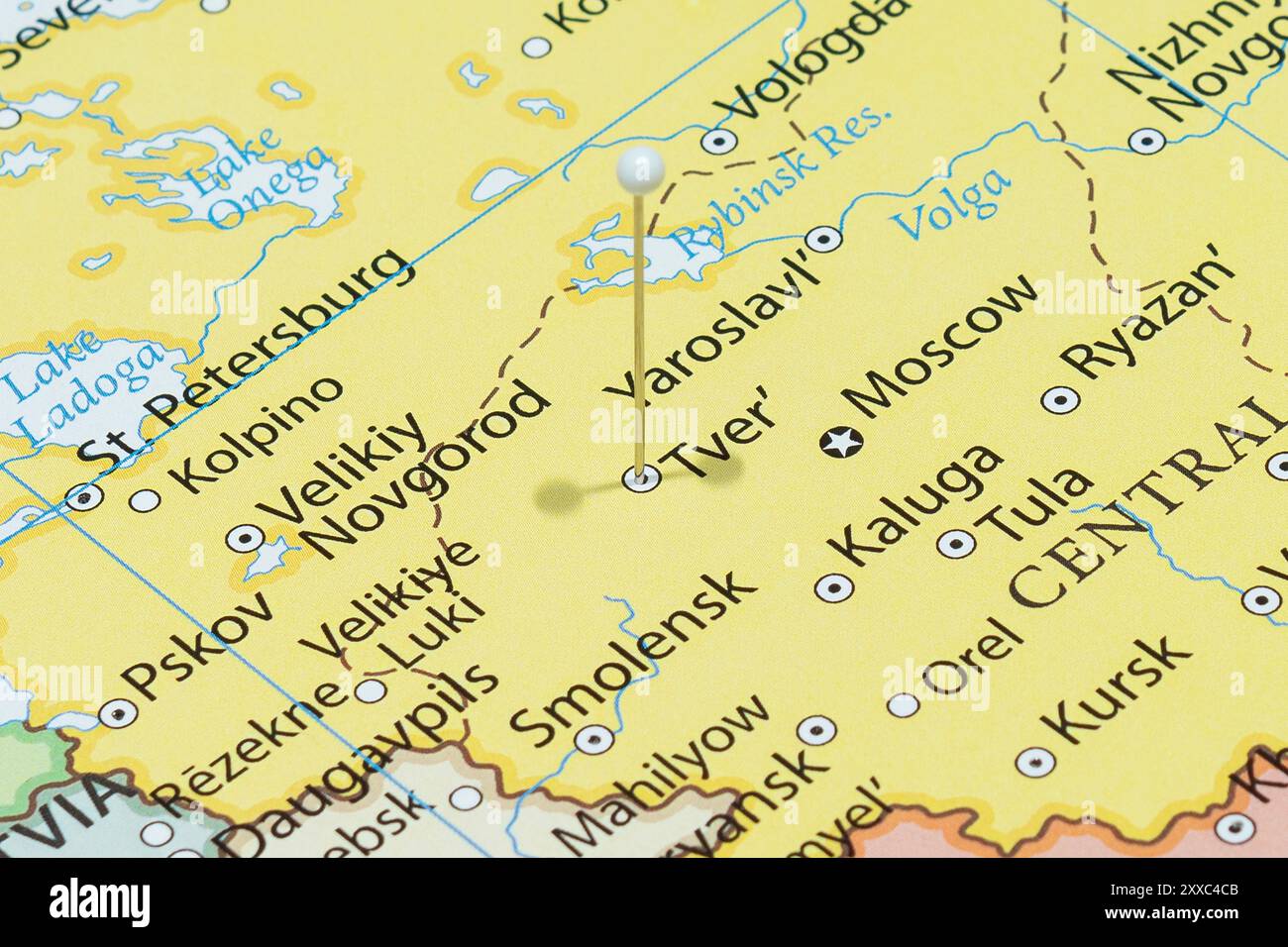 Close up to a Tver city with a white pin needle into Russia country ...