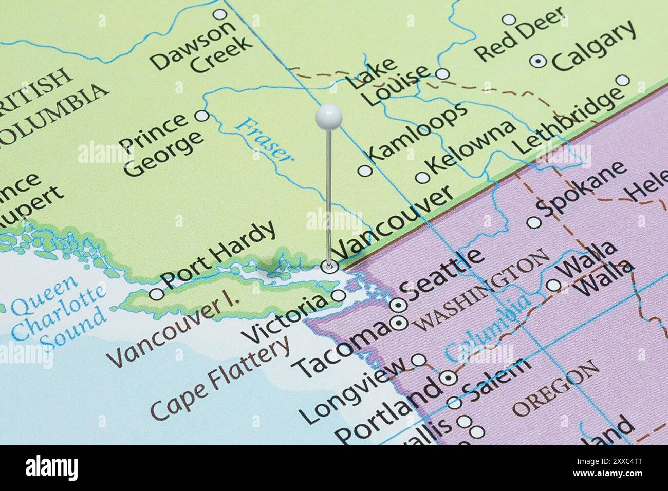 Close up to a Vancouver with a white pin needle into Canada country ...