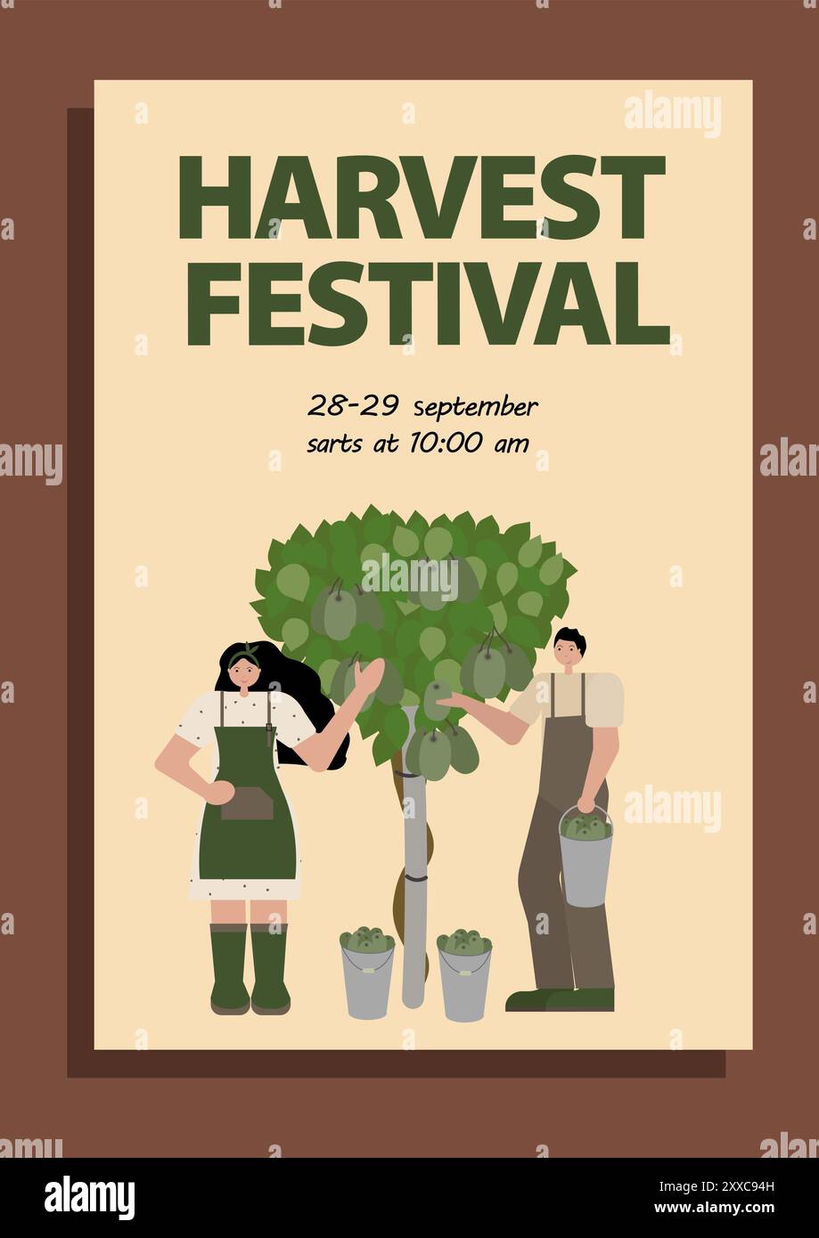 Harvest festival poster featuring a young woman and a man harvesting kiwis. Vector illustration ...
