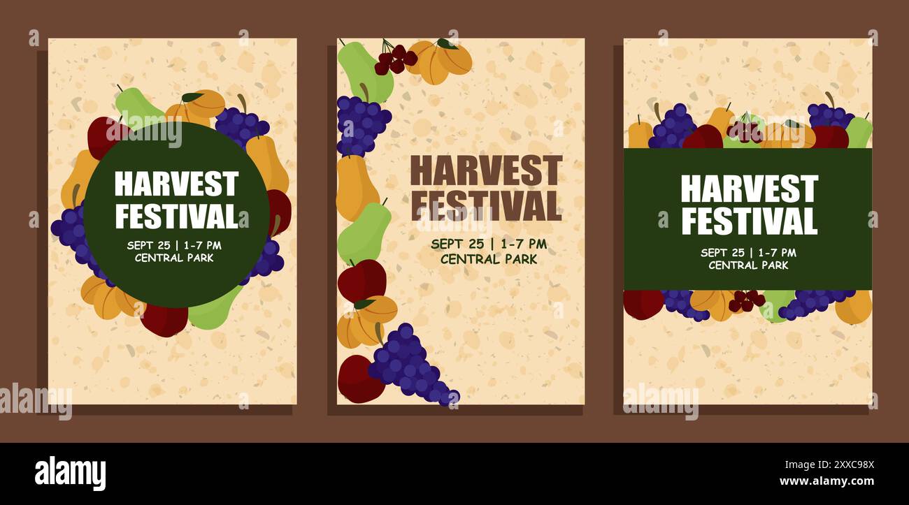 Harvest festival poster set featuring various fruits in vibrant colors ...
