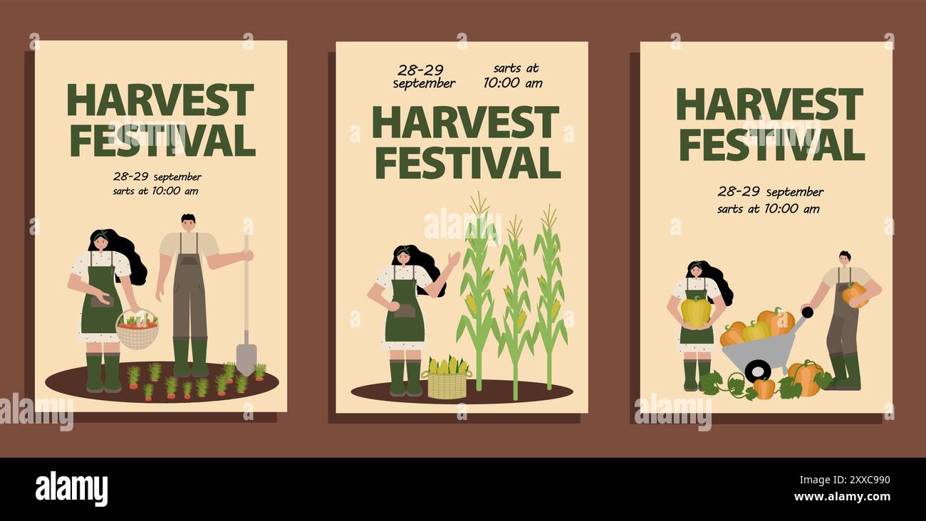 Harvest festival poster set featuring man and woman harvesting vegetables in garden. Vector in ...
