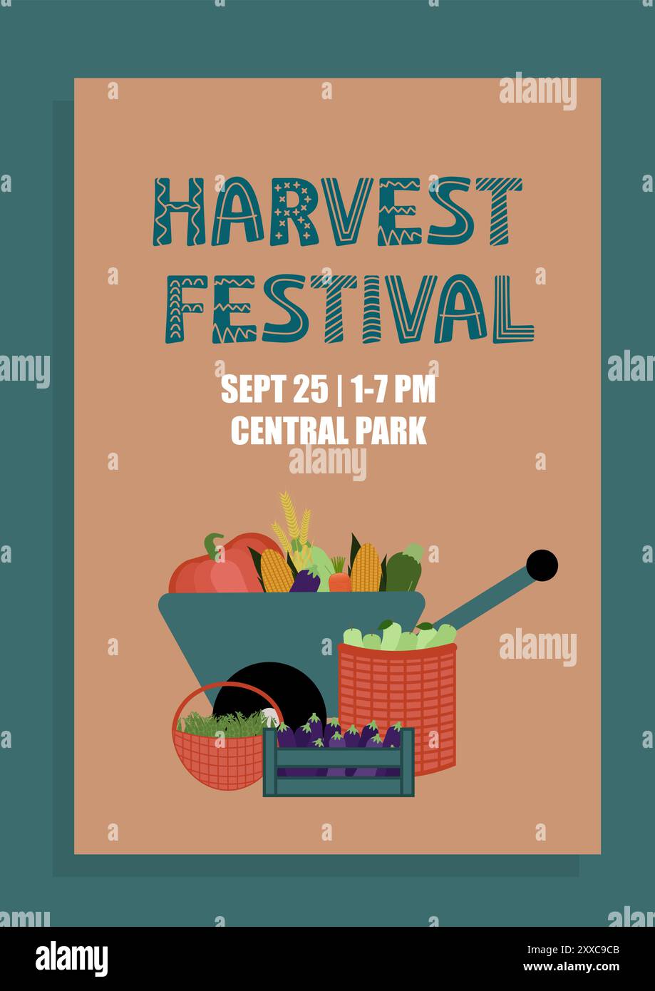 Harvest festival poster featuring cart, basket and crates filled with ...