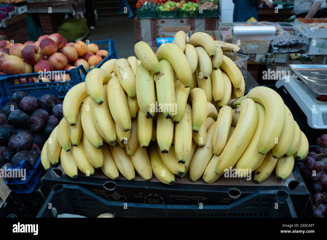 Fresh bananas in plastic boxes on the big market Stock Photo - Alamy