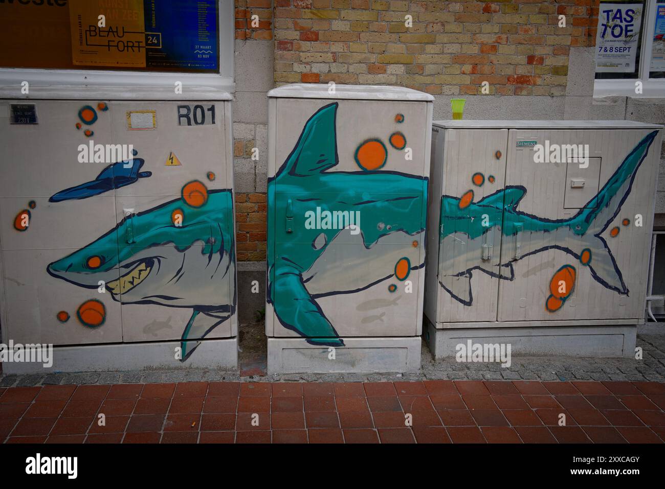 Street Art: Middelkerke Vibrant Shark Image on Electricity Boxes Stock ...