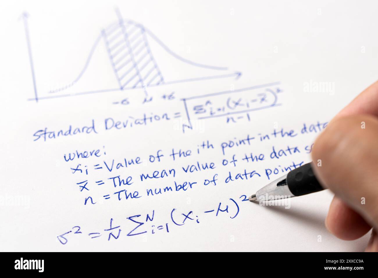 Bell curve graph and standard deviation formula is drawn on a piece of ...