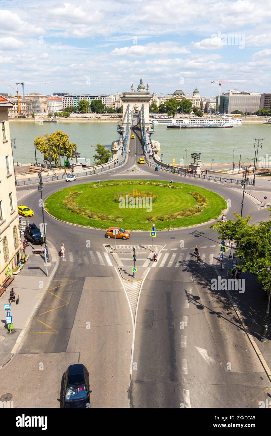 Lanchid (Chain Bridge) with roundabout from above the tunnel, Budapest ...