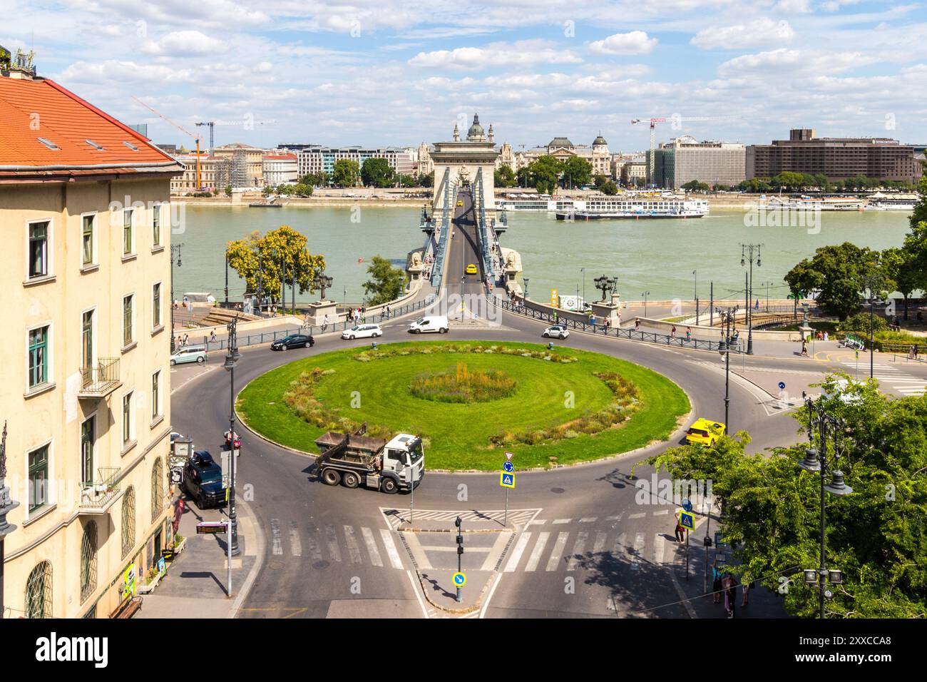 Lanchid (Chain Bridge) with roundabout from above the tunnel, Budapest ...