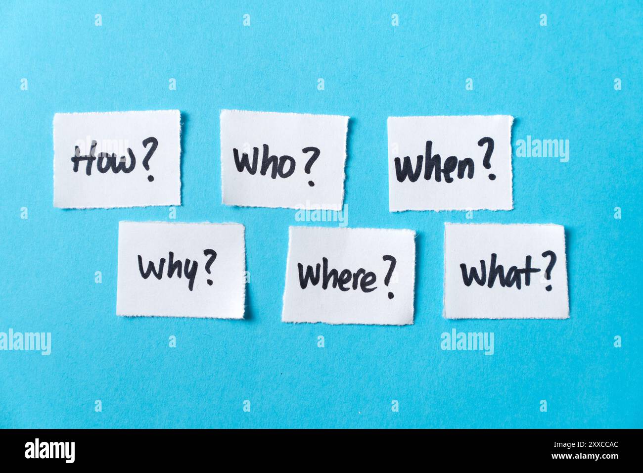 Collection of small paper pieces, each bearing a fundamental question ...