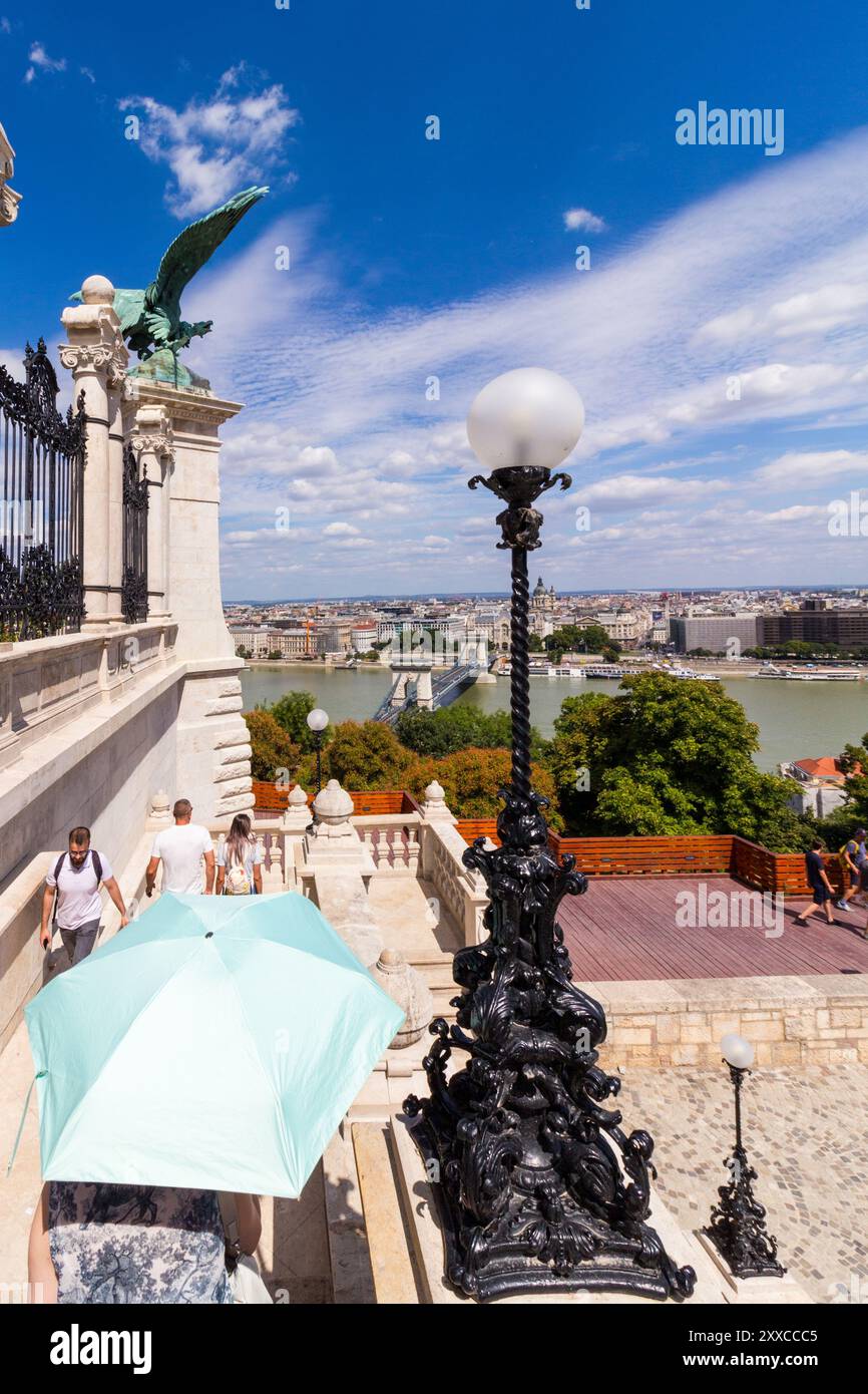 View of Chain Bridge with Turul bird statue, Buda Castle district ...