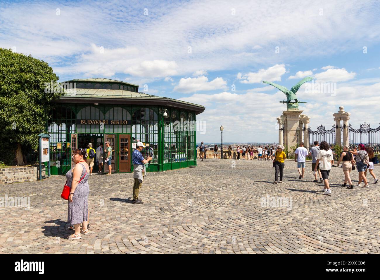 Siklo (Budapest Castle Hill Funicular) station and Turul bird statue ...