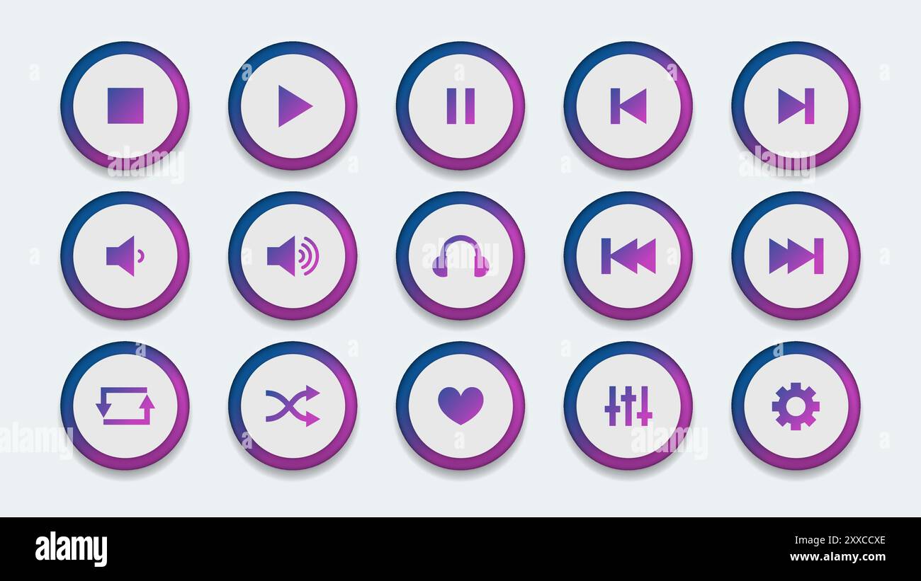 Music playlist neumorphic UI button set on white background. Collection of futuristic soft user ...