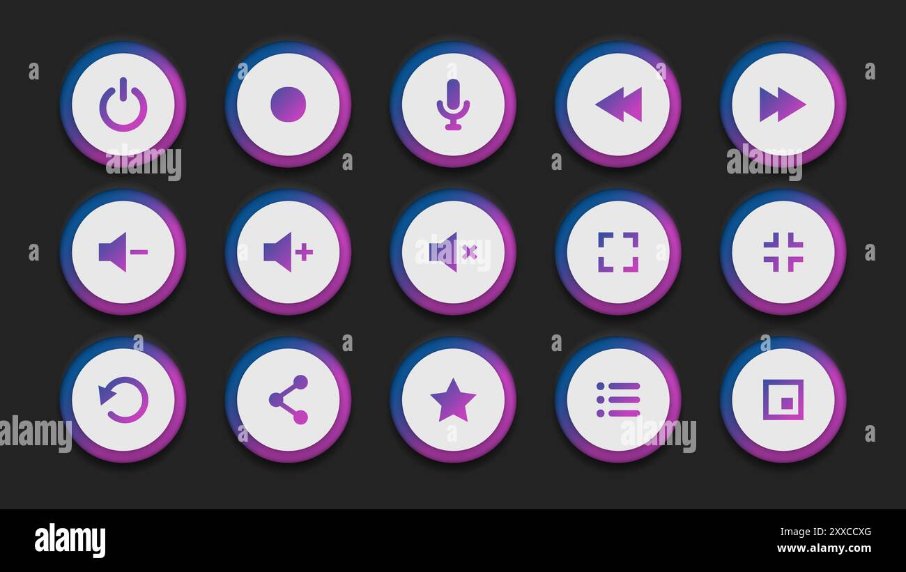 Music playlist neumorphic UI button set on black background. Collection ...