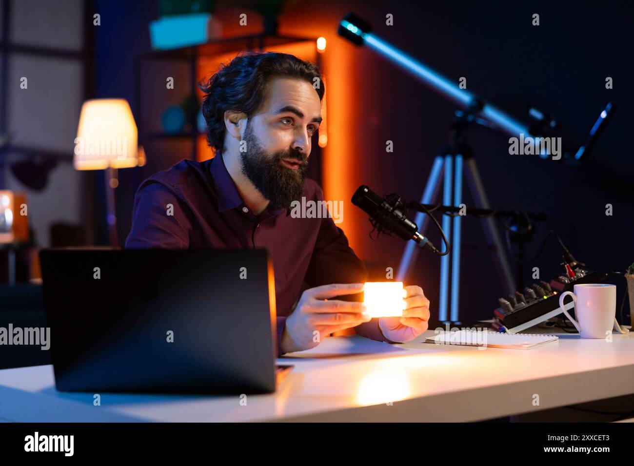 Tech guru filming technology review of mini led lights, unboxing and ...