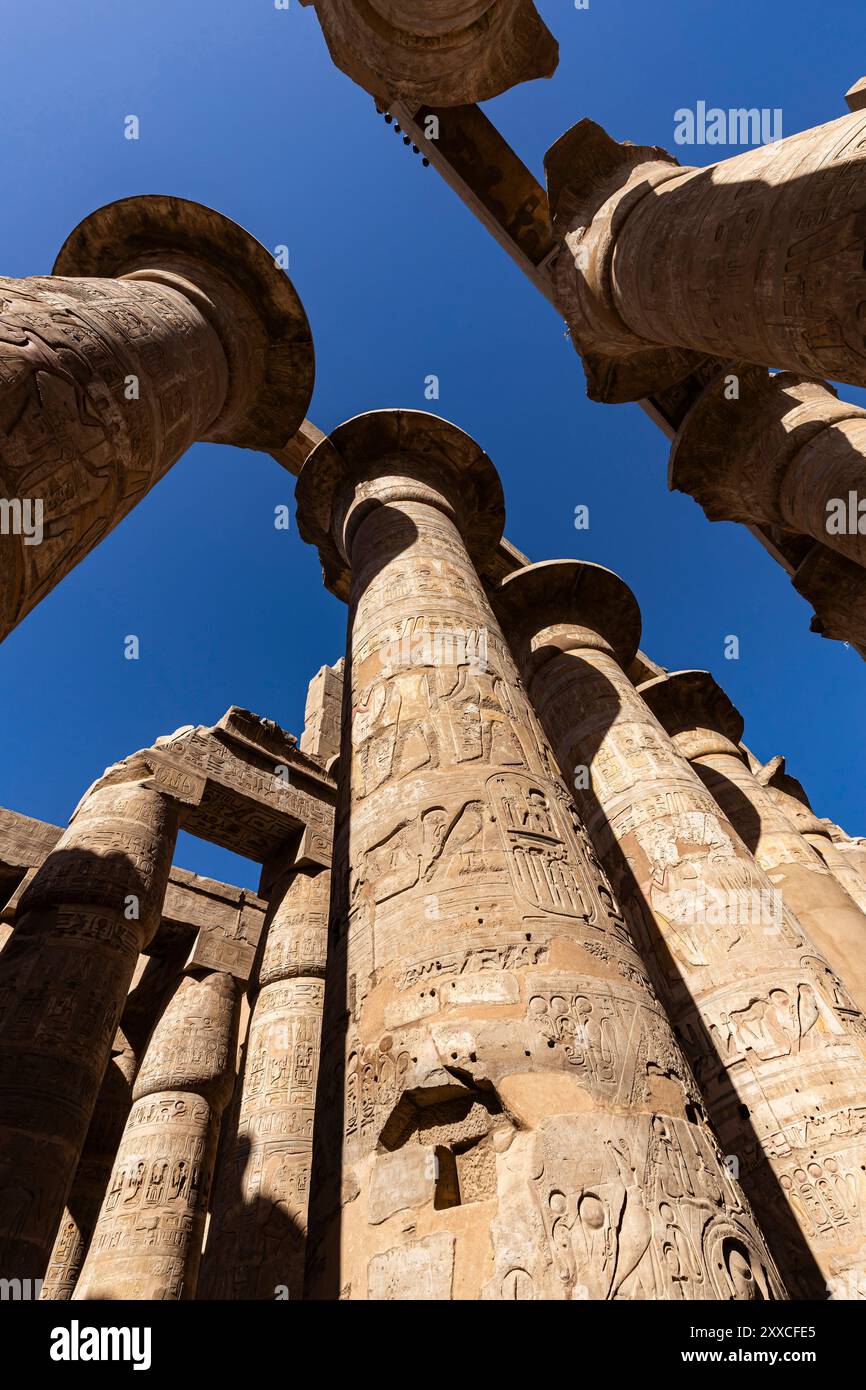 Karnak Temple, Great Hypostyle Hall, Huge stone columns with relief ...