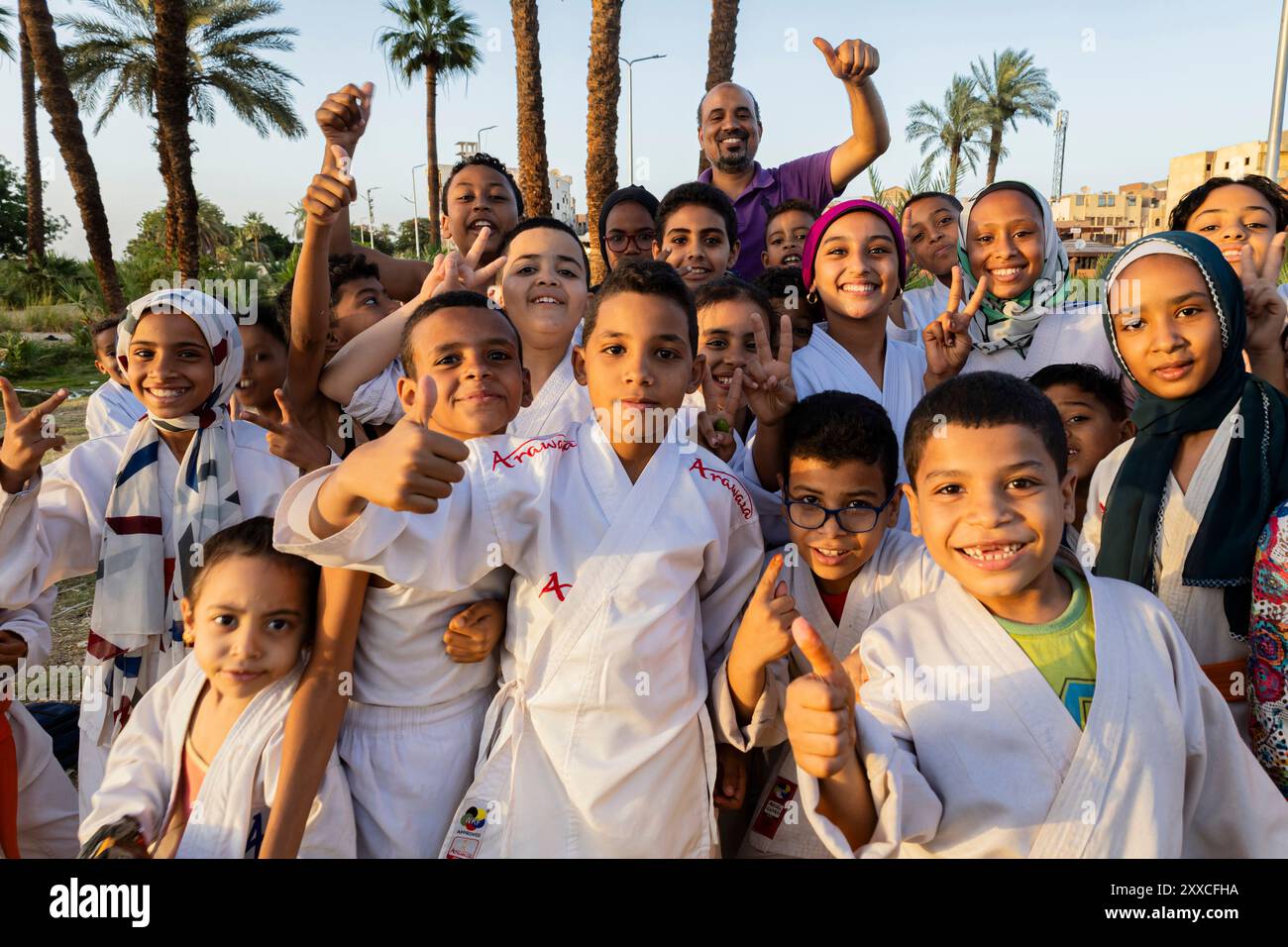 Children with Judo uniform, at riverside park, East bank of the Nile ...