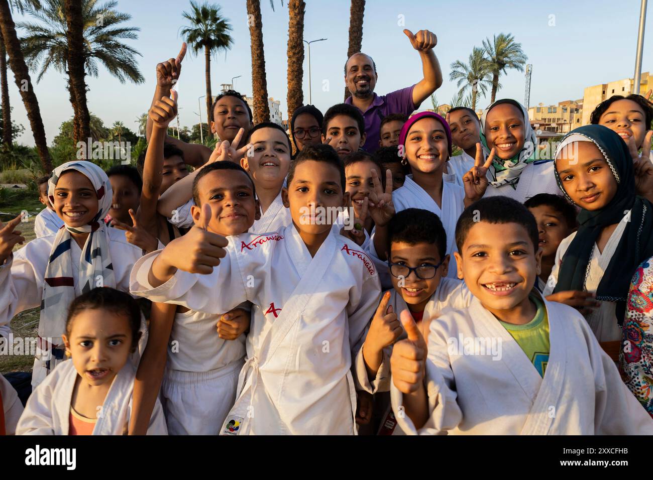 Children with Judo uniform, at riverside park, East bank of the Nile ...
